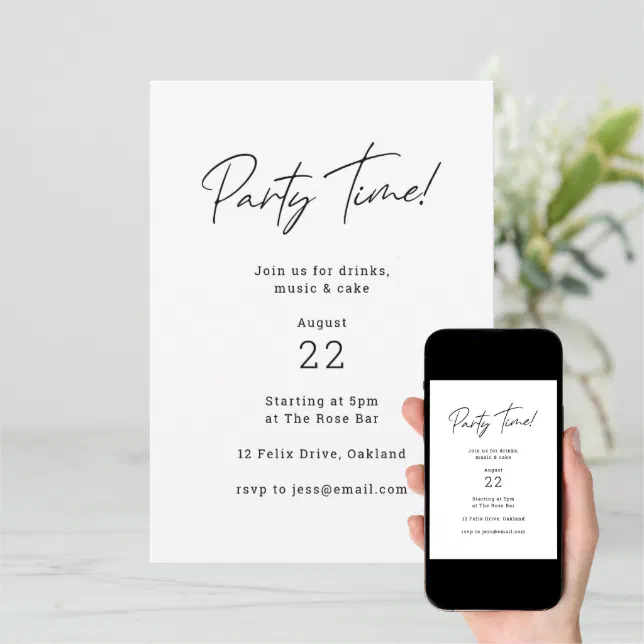 Party Time | Modern Minimalist Simple Clean White Invitation | Zazzle