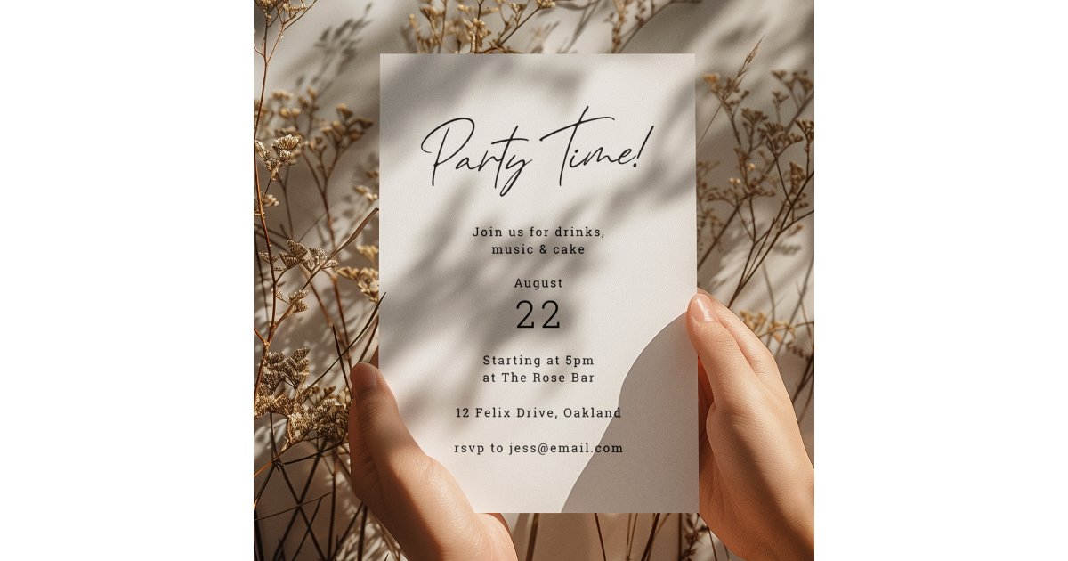 Party Time | Modern Minimalist Simple Clean White Invitation | Zazzle