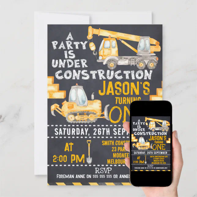 Party Under Construction 1st Birthday Invitation | Zazzle