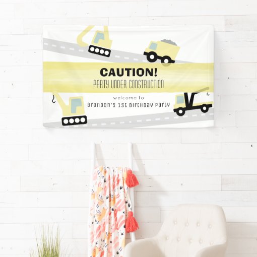 Party Under Construction Vehicles White Birthday Banner | Zazzle