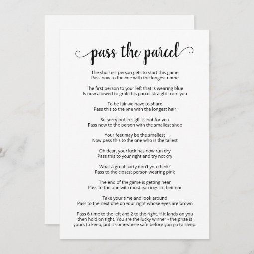 Pass The Parcel party Game Card | Zazzle