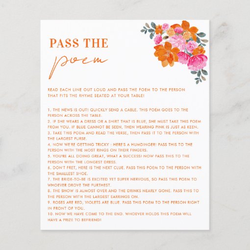 Pass the Poem Pink Floral Bridal Shower Game | Zazzle