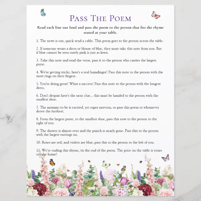 Pass The Poem | Pink Purple Floral Baby Shower | Zazzle