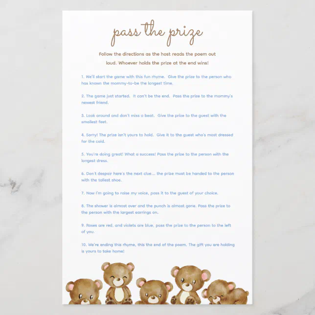 Pass the Prize Baby Shower Game - Bears | Zazzle