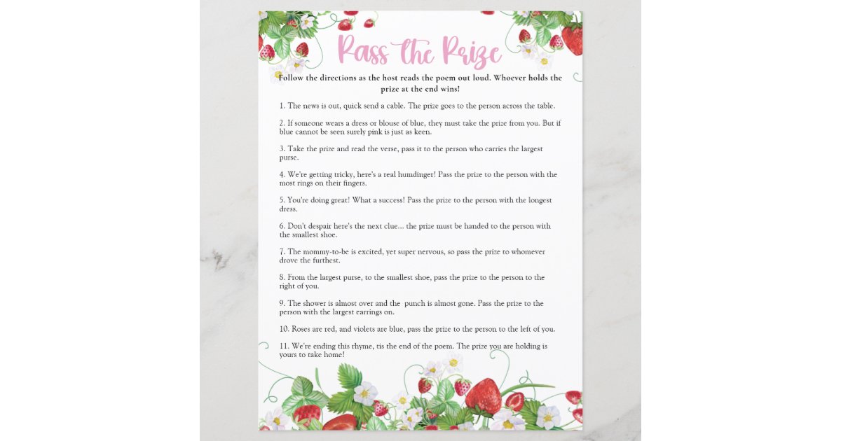 Pass the Prize | Strawberry Baby Shower | Zazzle