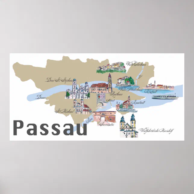 Passau Germany highlights map Poster | Zazzle