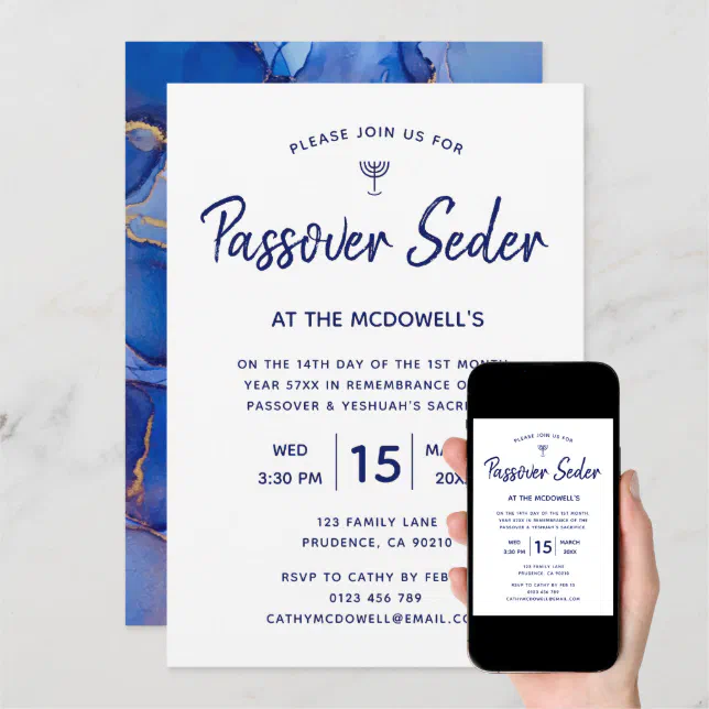 Passover Seder Unique Blue Gold Invitation | Zazzle