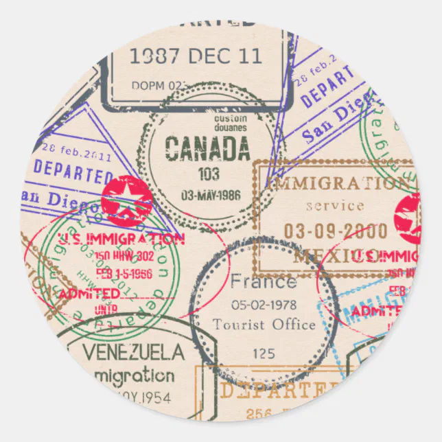 Passport Stamps Travel Classic Round Sticker | Zazzle