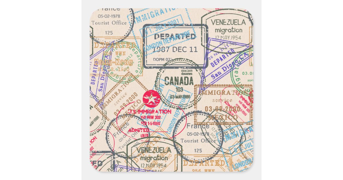 Passport Stamps Travel Square Sticker | Zazzle