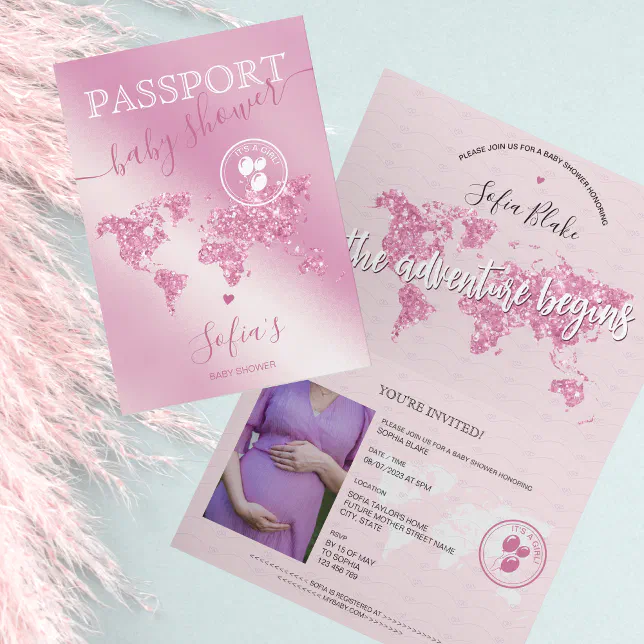 Passport Travel Girl Baby Shower Adventure Begins Invitation | Zazzle