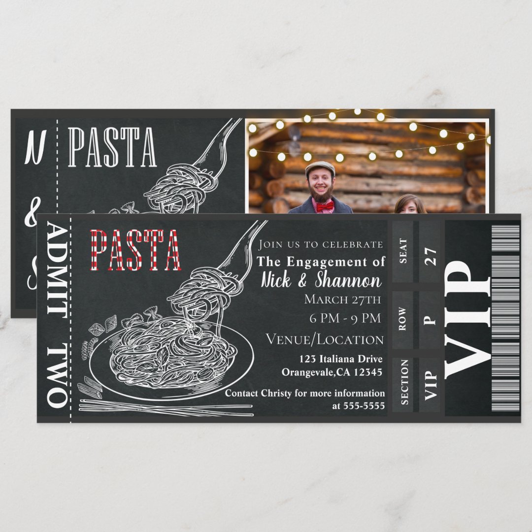 Pasta Dinner Chalk Engagement Dinner Photo Ticket Invitation | Zazzle