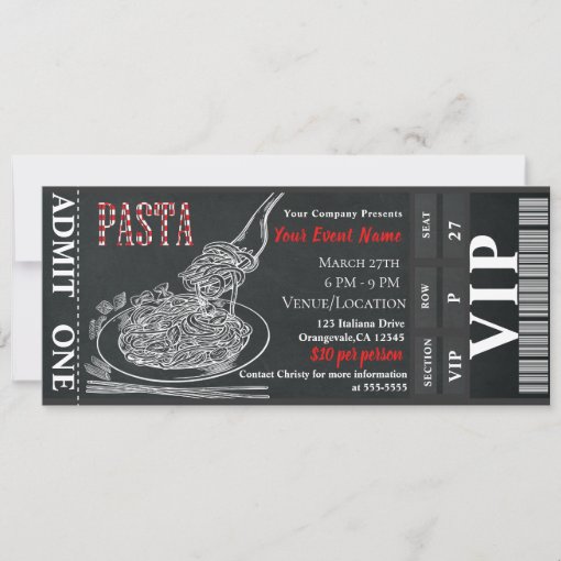 Pasta Dinner Chalk VIP Rustic Dinner Party Ticket Invitation | Zazzle