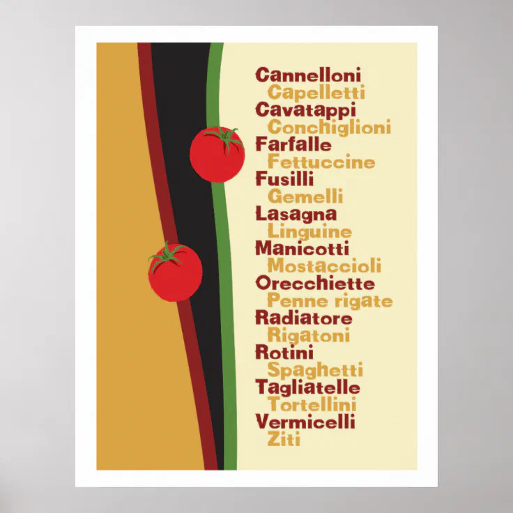 Pasta Names Kitchen Art poster | Zazzle