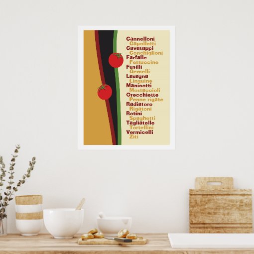 Pasta Names Kitchen Art poster | Zazzle