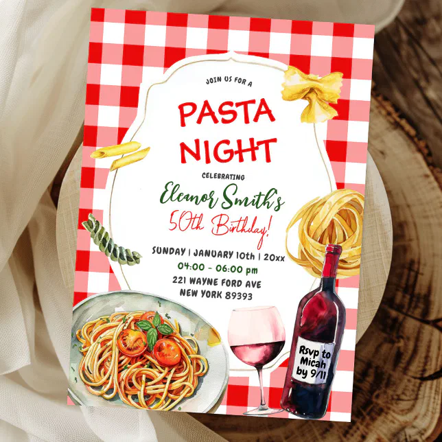 Pasta Night and Wine Adult Birthday Dinner Invitation | Zazzle