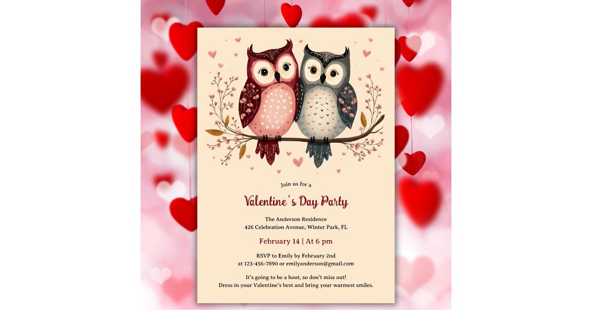Pastel Adorable Cute Owls Valentine's Day Party Invitation | Zazzle