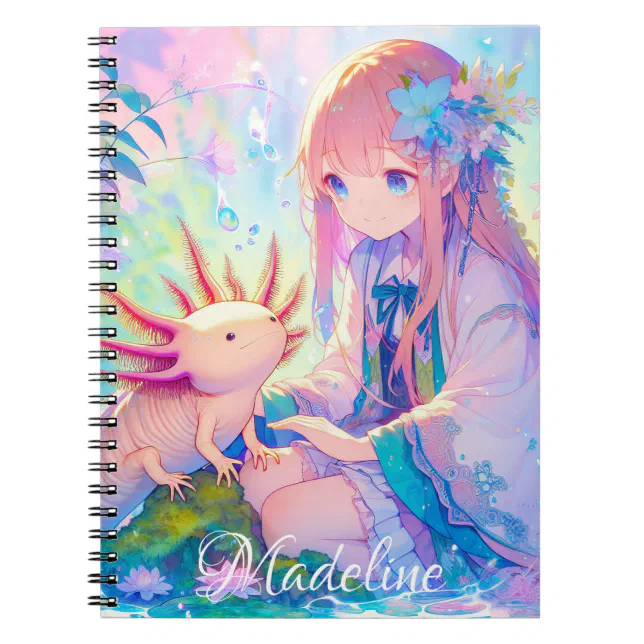 Pastel Anime Girl and an Axolotl Personalized Notebook | Zazzle