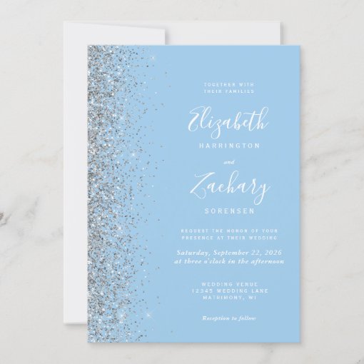 Pastel Baby Blue Silver Glitter Wedding Invitation | Zazzle