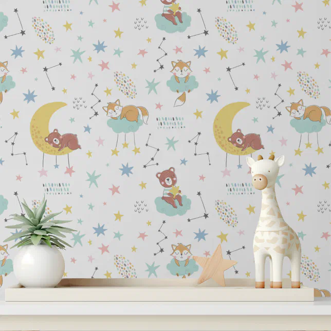 Pastel Baby Fox Bear Moon Stars Cute Kids Pattern Wallpaper | Zazzle