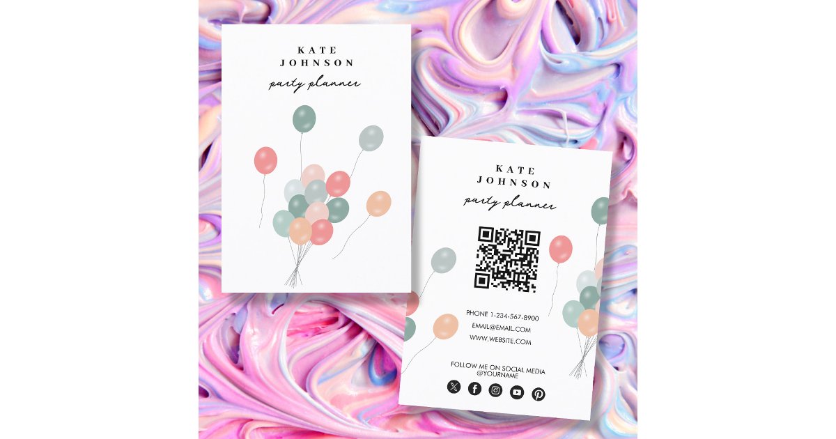 Pastel Balloons Party Planner QR Code Social Media Business Card | Zazzle
