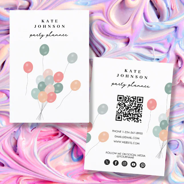 Pastel Balloons Party Planner QR Code Social Media Business Card | Zazzle
