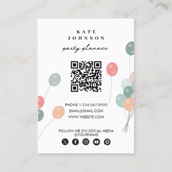 Pastel Balloons Party Planner QR Code Social Media Business Card | Zazzle