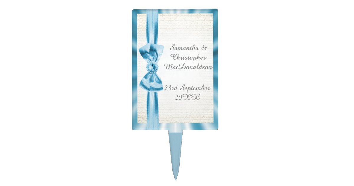 Pastel blue and white ribbon wedding cake topper | Zazzle