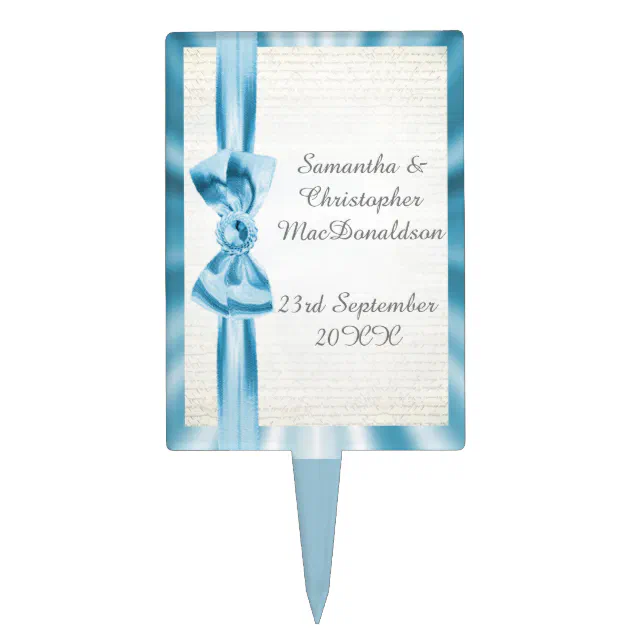 Pastel blue and white ribbon wedding cake topper | Zazzle