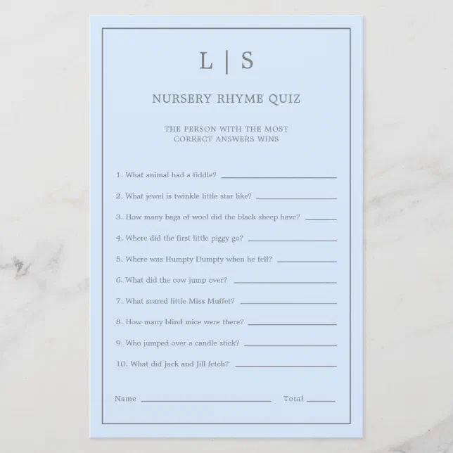 Pastel Blue Nursery Rhyme Quiz Baby Shower Game | Zazzle