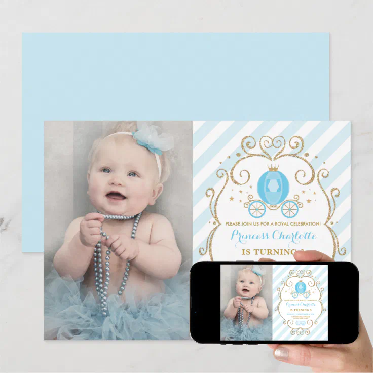 Pastel Blue Princess Cinderella Carriage Birthday Invitation | Zazzle