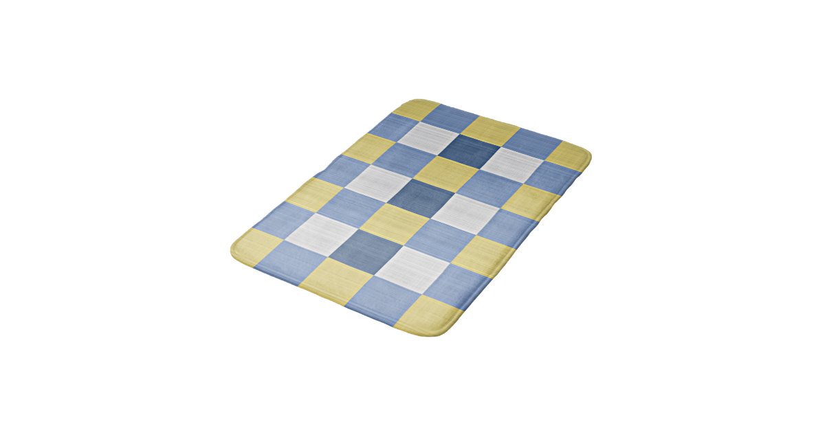 Pastel Blue Teal Yellow White Checkered Pattern Bath Mat | Zazzle