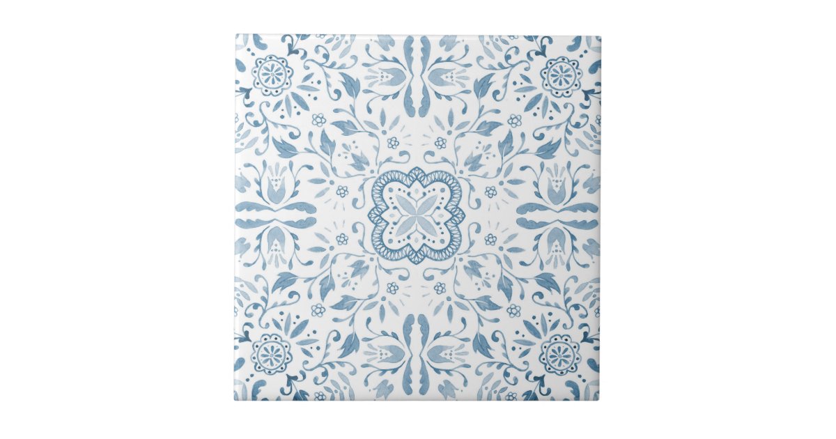 Pastel Blue Vintage Floral Watercolor Pattern Ceramic Tile | Zazzle