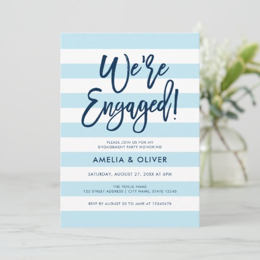Pastel Blue & White Stripes Blue Engagement Party Invitation | Zazzle
