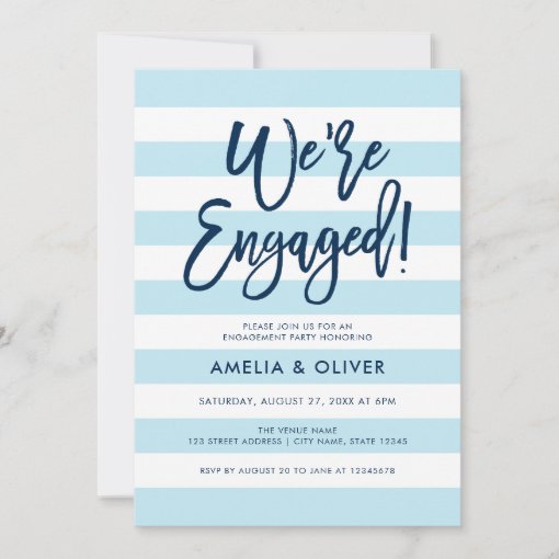 Pastel Blue & White Stripes Blue Engagement Party Invitation | Zazzle