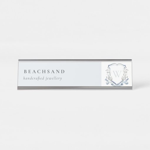 Pastel Blue Wildflower Watercolor Crest Monogram Desk Name Plate | Zazzle