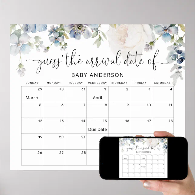 Pastel Blush Floral Guess Baby Due Date Calendar Poster | Zazzle
