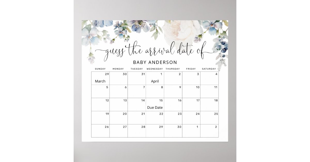 Pastel Blush Floral Guess Baby Due Date Calendar Poster | Zazzle