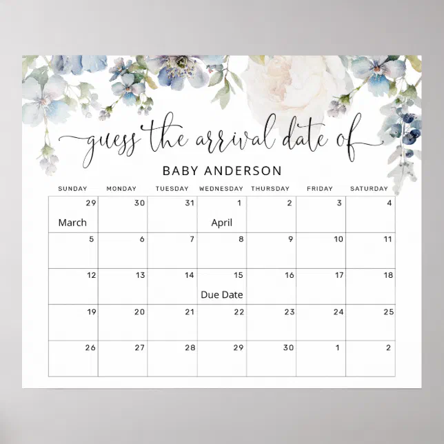 Pastel Blush Floral Guess Baby Due Date Calendar Poster | Zazzle
