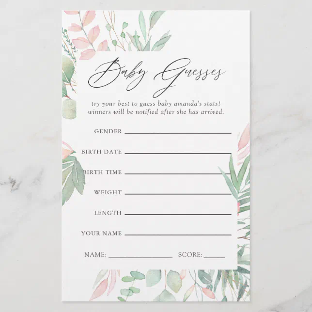 Pastel Blush Greenery Baby Shower Guessing Game | Zazzle