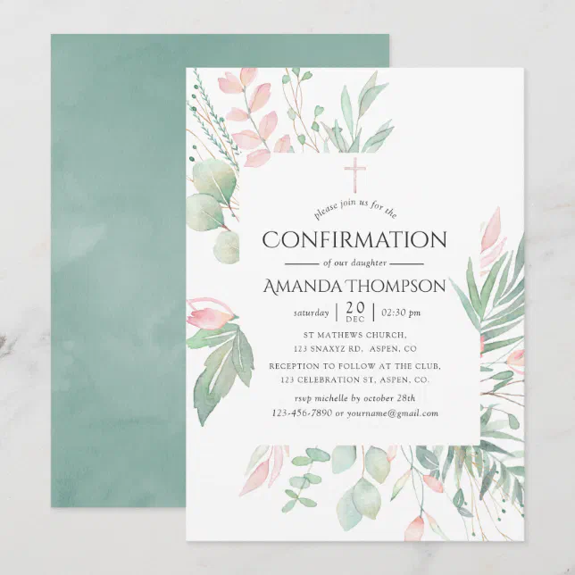 Pastel Blush Greenery Confirmation Invitation | Zazzle