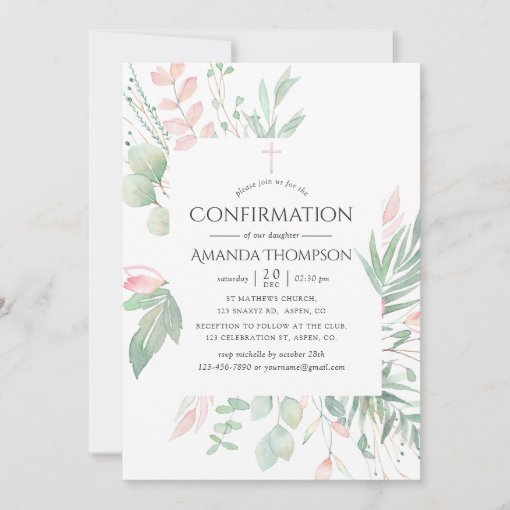 Pastel Blush Greenery Confirmation Invitation | Zazzle