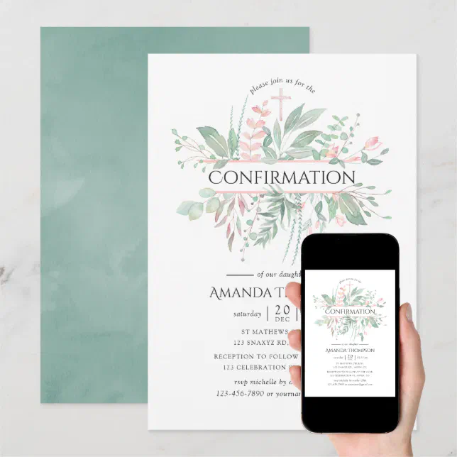 Pastel Blush Greenery Confirmation Invitation | Zazzle