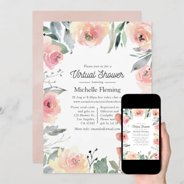 Pastel Blush Pink Floral Virtual Shower Invitation | Zazzle