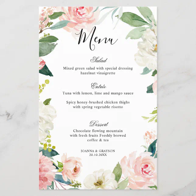 Pastel Blush Pretty Floral Botanical Wedding Menu | Zazzle