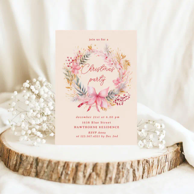 Pastel Blush Wreath Christmas Party Invitation | Zazzle