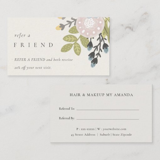 Pastel Boho Blush Blue Green Floral Refer A Friend Business Card | Zazzle