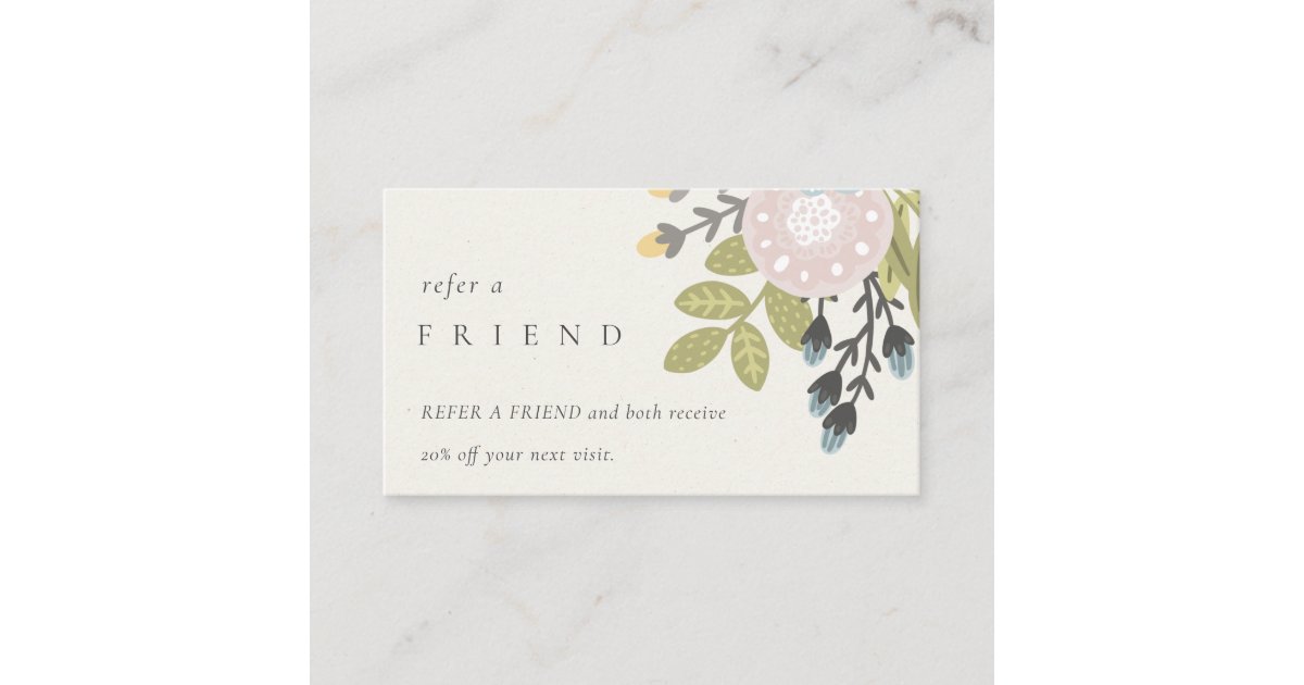 Pastel Boho Blush Blue Green Floral Refer A Friend Business Card | Zazzle