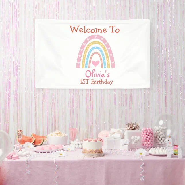 Pastel Boho Rainbow With Hearts birthday Welcome Banner | Zazzle