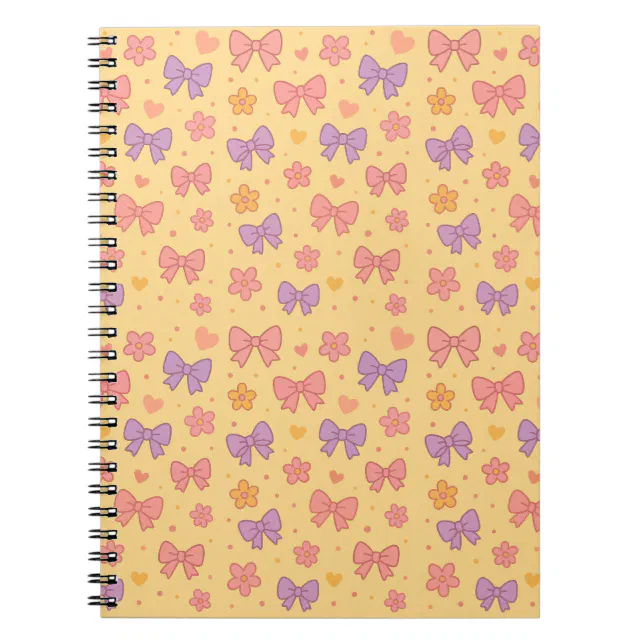 Pastel Bows & Flowers Pattern – Cute Yellow Girly Notebook | Zazzle