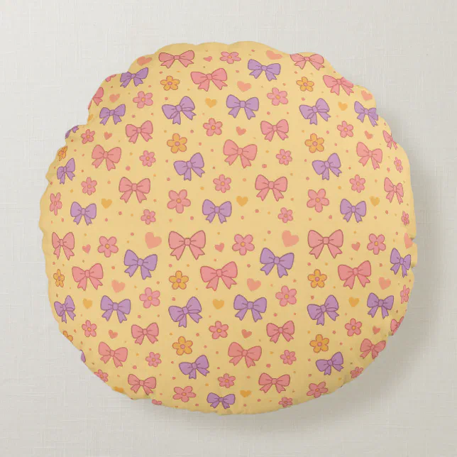 Pastel Bows & Flowers Pattern – Cute Yellow Girly Round Pillow | Zazzle